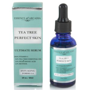 tea tree perfect skin facial serum, ultimate anti-aging formula for acne-prone skin with 20% vitamin c, tea tree essential oil, retinol and hyaluronic acid for clear, soft, radiant skin.