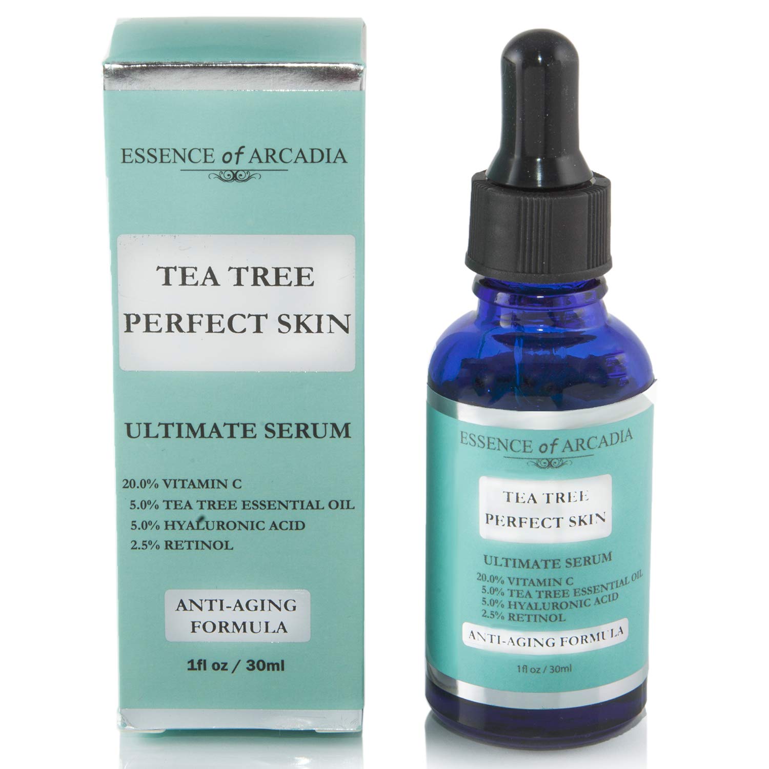 Tea Tree Perfect Skin Facial Serum, Ultimate Anti-Aging Formula for Acne-Prone Skin with 20% Vitamin C, Tea Tree Essential Oil, Retinol and Hyaluronic Acid for Clear, Soft, Radiant Skin.