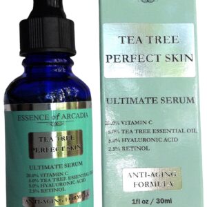 Tea Tree Perfect Skin Facial Serum, Ultimate Anti-Aging Formula for Acne-Prone Skin with 20% Vitamin C, Tea Tree Essential Oil, Retinol and Hyaluronic Acid for Clear, Soft, Radiant Skin.