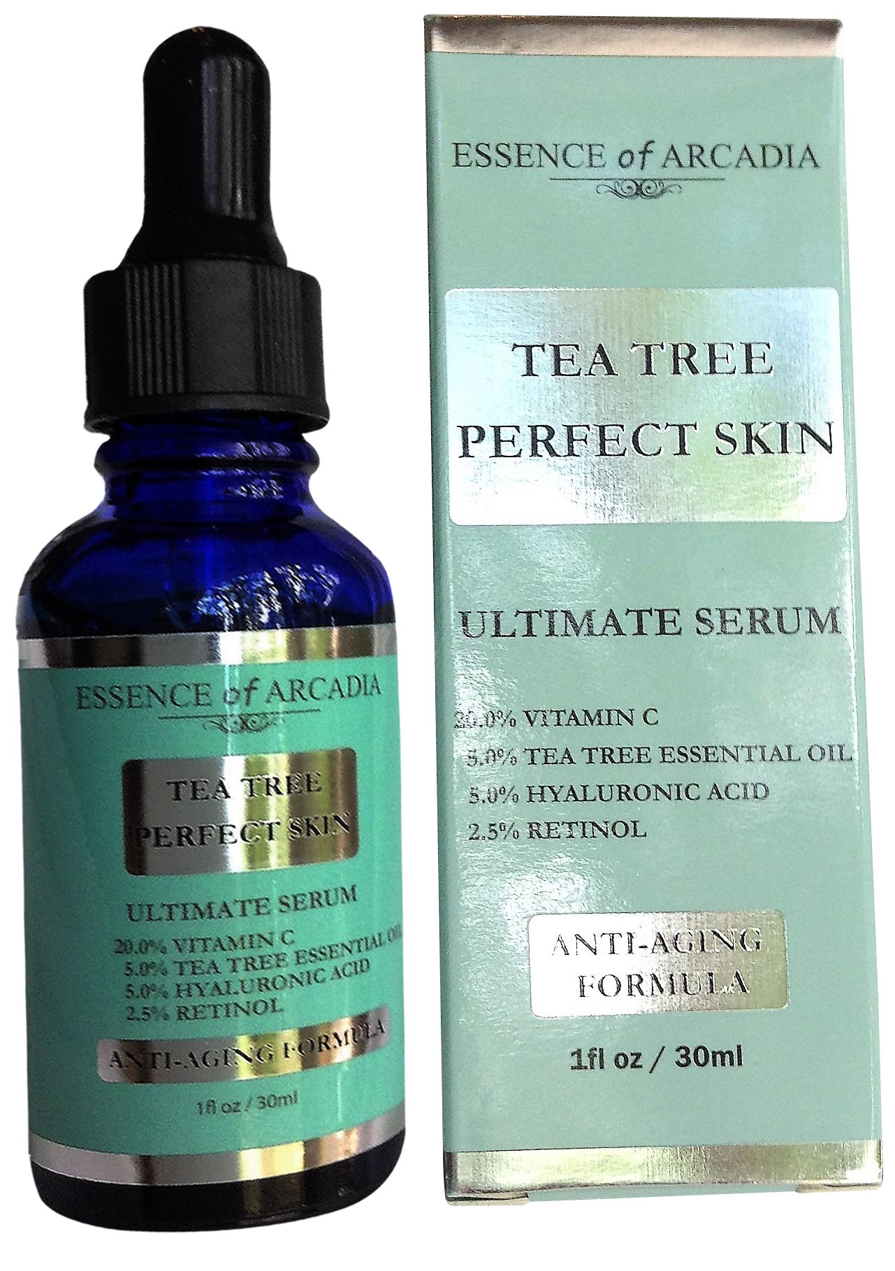 Tea Tree Perfect Skin Facial Serum, Ultimate Anti-Aging Formula for Acne-Prone Skin with 20% Vitamin C, Tea Tree Essential Oil, Retinol and Hyaluronic Acid for Clear, Soft, Radiant Skin.