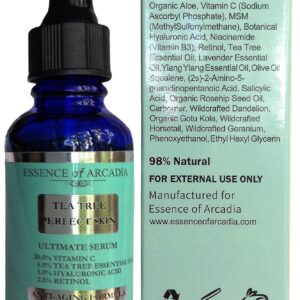 Tea Tree Perfect Skin Facial Serum, Ultimate Anti-Aging Formula for Acne-Prone Skin with 20% Vitamin C, Tea Tree Essential Oil, Retinol and Hyaluronic Acid for Clear, Soft, Radiant Skin.