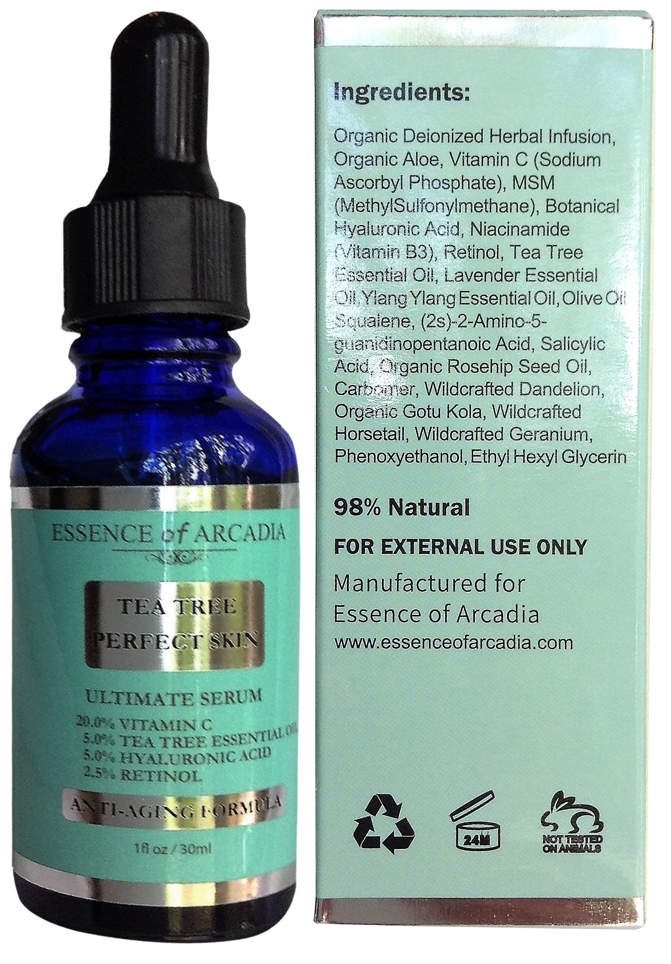 Tea Tree Perfect Skin Facial Serum, Ultimate Anti-Aging Formula for Acne-Prone Skin with 20% Vitamin C, Tea Tree Essential Oil, Retinol and Hyaluronic Acid for Clear, Soft, Radiant Skin.