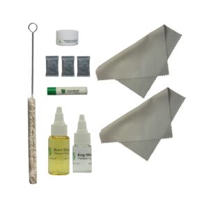 clarinet care kit, bore oil, key oil, polishing cloth, cork grease, cotton swab, fits bb clarinets