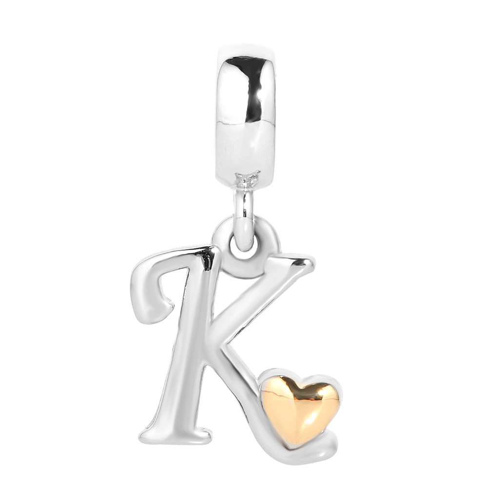 QueenCharms Initial A-Z Letter Charm Golden Heart Alphabet Dangle Beads For Bracelets & Necklaces (K)