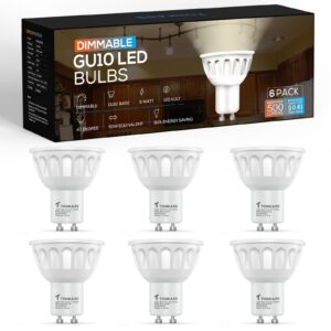 torkase gu10 led bulb, dimmable gu10 mr16 led bulbs 2700k warm white, 120v 500lm track light bulbs 5w 50w equivalent, 90% energy saving, 40 degree, led replacement for recessed lighting, 6 pack