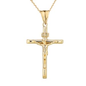 14k yellow gold 1-1/8" christian catholic jesus christ on inri cross crucifix pendant necklace - 20"