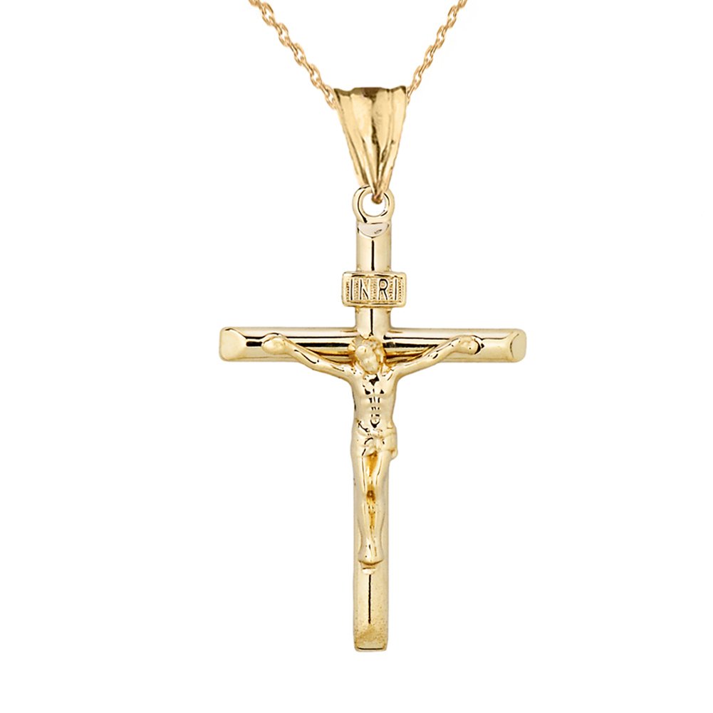 14K Yellow Gold 1-1/8" Christian Catholic Jesus Christ on INRI Cross Crucifix Pendant Necklace - 20"