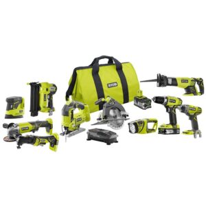 ryobi 18-volt one+ lithium-ion cordless (10-tool) combo kit with (1) 4.0 ah battery and (1) 1.5 ah battery, charger and bag