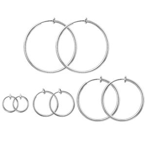 keklle stainless steel 4 pairs clip on hoop earrings for women men non pierced earrings (a:silver-tone)