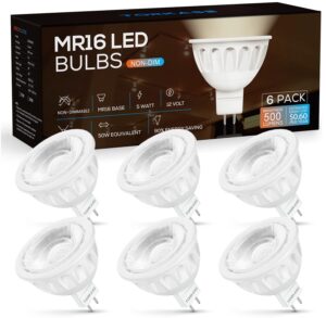 mr16 led bulb, 12v 5w(50w halogen equivalent), gu5.3 bi pin base, 6000k daylight white, non-dimmable, 40 degree spotlight bulbs, led mr16 for indoor/outdoor landscape, recessed, track lighting, 6 pack