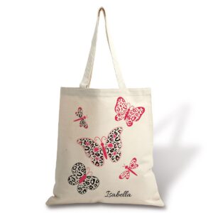 lillian vernon personalized canvas tote - fun leopard print butterfly design, 100% cotton fabric, custom printed, 15 inch x 16 inch, cute bags for kids