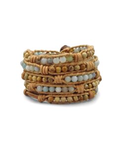 mgr my gems rock! multi-layer hand crafted mix stone beaded on genuine leather boho style leather wrap bracelet super wrap bracelet 35" long, up to 5 wraps-amazonite and picture jasper mix