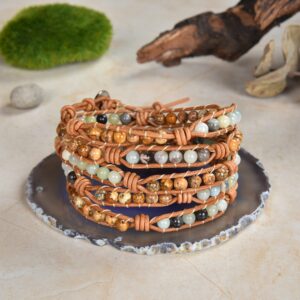 MGR MY GEMS ROCK! Multi-layer Hand Crafted Mix Stone Beaded on Genuine Leather Boho Style Leather Wrap Bracelet Super Wrap Bracelet 35" Long, up to 5 Wraps-Amazonite and Picture Jasper Mix