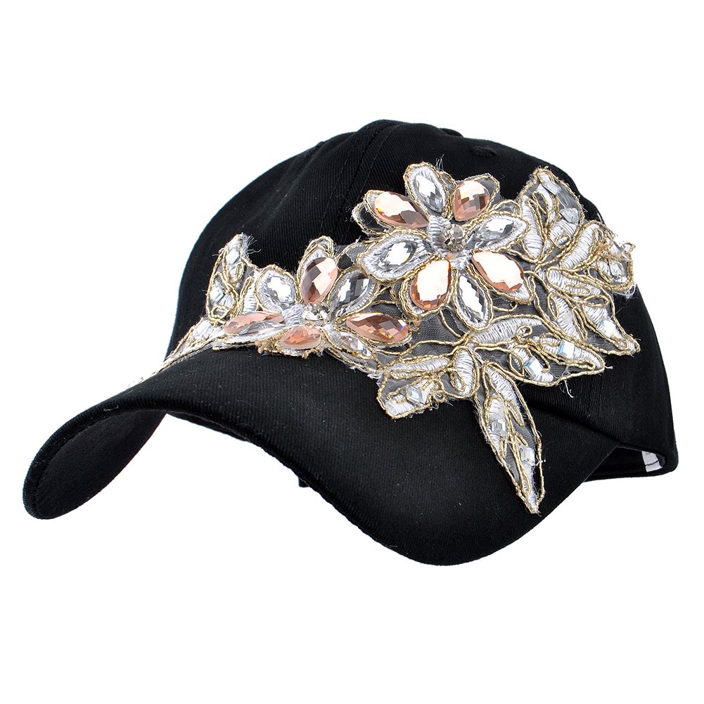 Elonmo Lace Flower Bling Rhinestone Hat, Womens Baseball Cap with Crystal Rhinestone Golf Sun Hats Jeans Wash Denim Adjustable (Flower-Black)