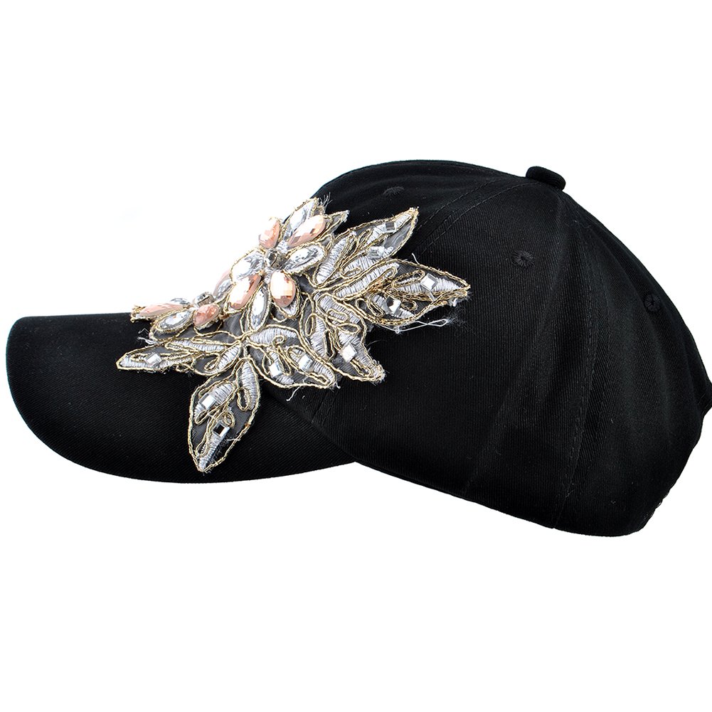 Elonmo Lace Flower Bling Rhinestone Hat, Womens Baseball Cap with Crystal Rhinestone Golf Sun Hats Jeans Wash Denim Adjustable (Flower-Black)