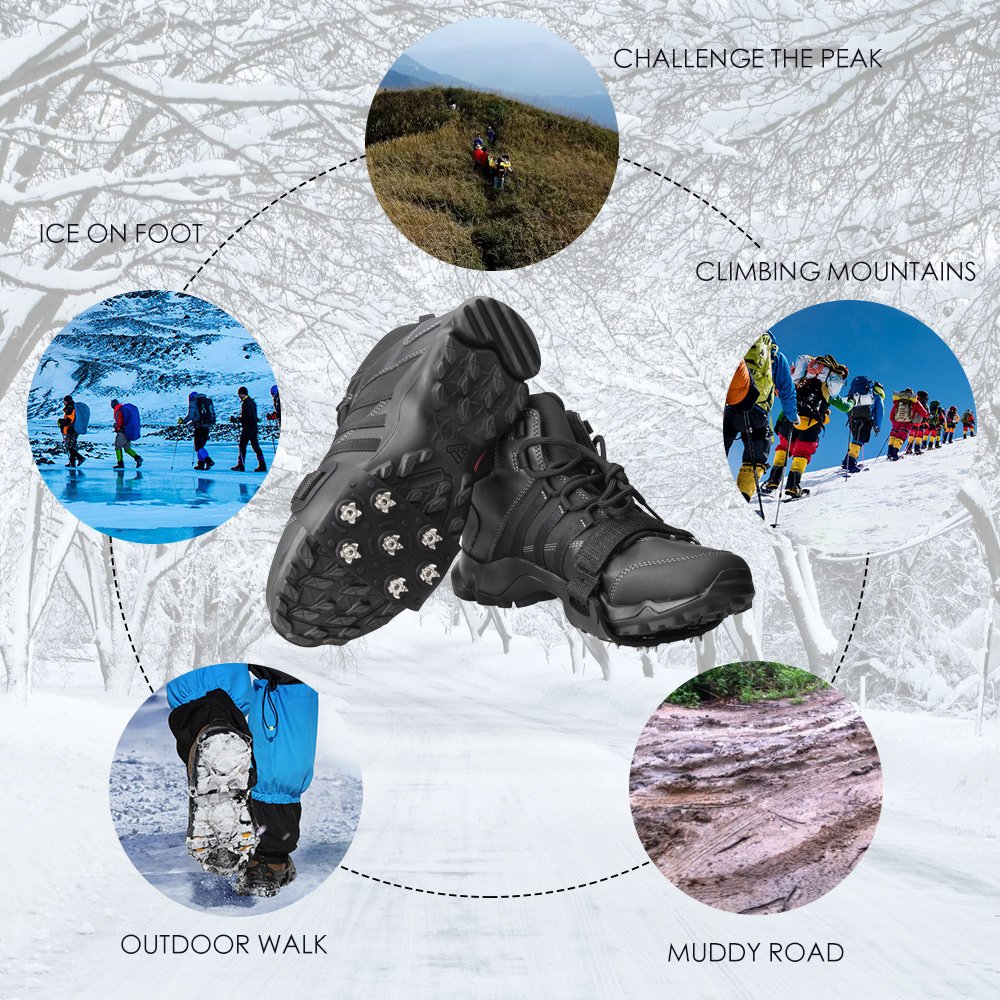 FANBX F Crampon Traction Cleats Anti-Skid Traction Grips Crampons Spikes 7 Point Cleats for Footwear for Walking, Jogging, Hiking, Mountaineering Ice Snow Grips (Black)