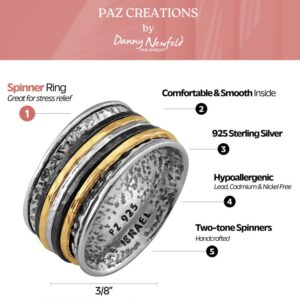 Paz Creations 925 Sterling Silver Spinner Rings for Women and Men - Hammered Pattern Thick Band Meditation Ring - Handcrafted Artisan Jewelry - Fidget Rings - Gift-Ready - 14K Yellow Gold Size 7