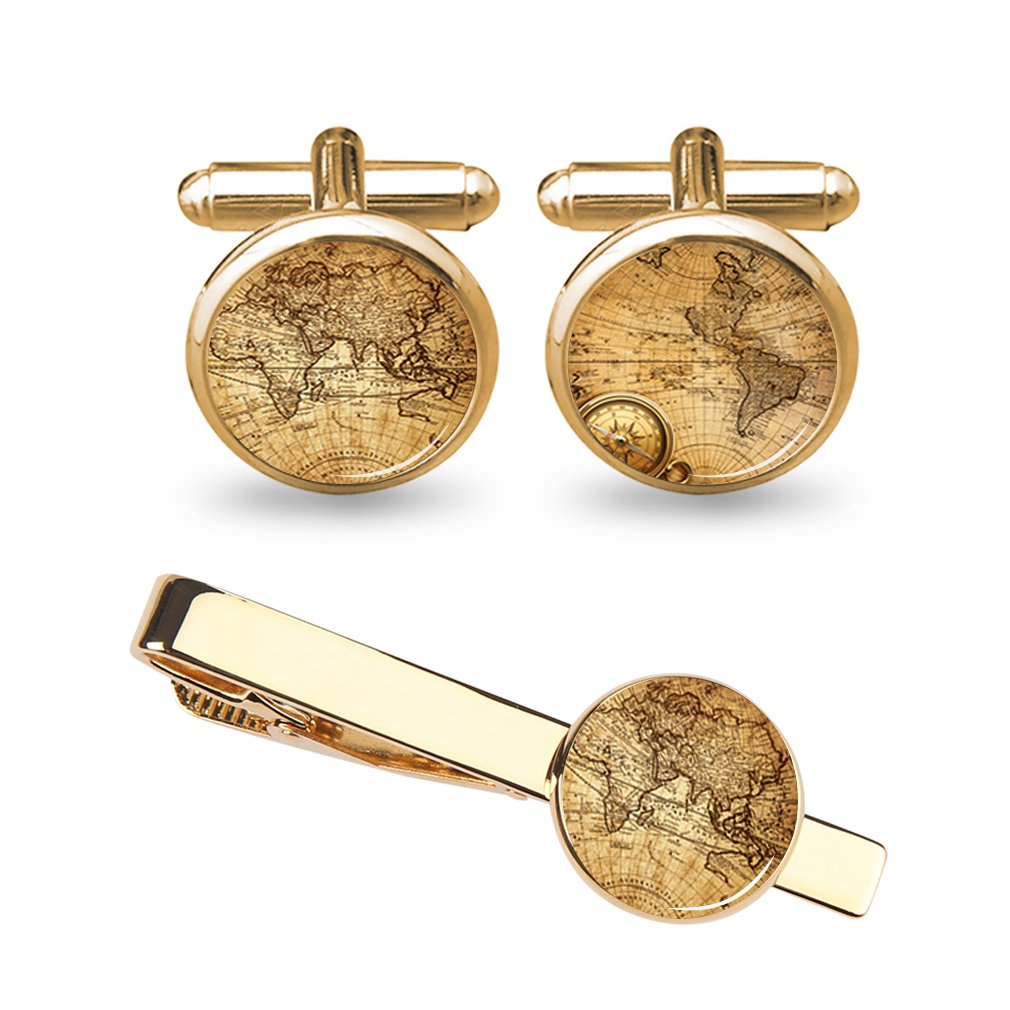 Cufflinks for Men World Map Cuff links Wedding Gifts for Father Grandfather Dad Tie Clip Bar (World map Cufflinks and tie clips gold)