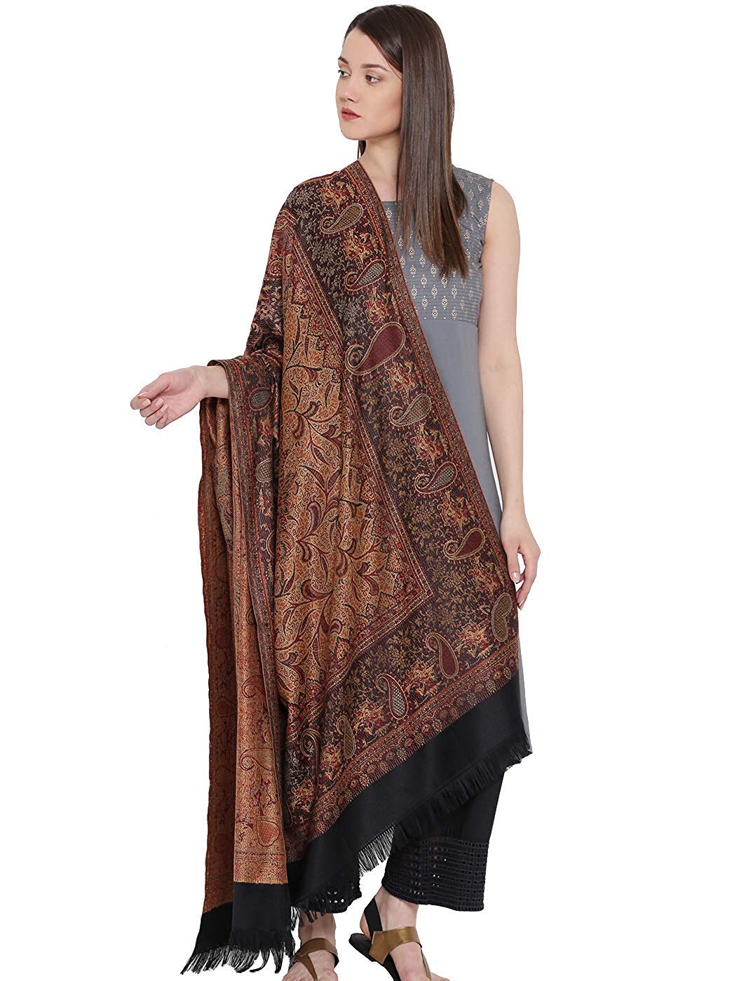 Weavers Villa Women's Pashmina Wool Blend Indian Handicraft Woven Shawls, Scarf, Wraps [Large Size: 40" X 80"]