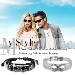 OIDEA Leather Braided CZ Endless Love Infinity Link Bracelets for Men Women,Black White