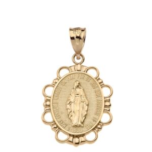 religious jewelry solid 10k yellow gold miraculous medal of blessed virgin mary pendant (large)