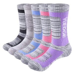 yuedge women's outdoor hiking socks moisture wicking cotton cushioned crew athletic socks padded boot socks for women size 6-9, mulitcolor, 5 pairs