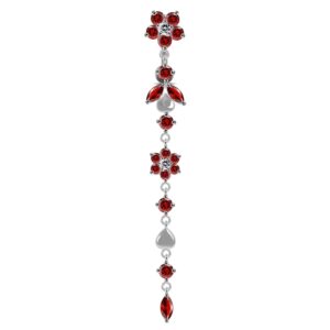 red cz gemstone long climber floral flower dangling reverse bar 925 sterling silver belly ring body jewelry