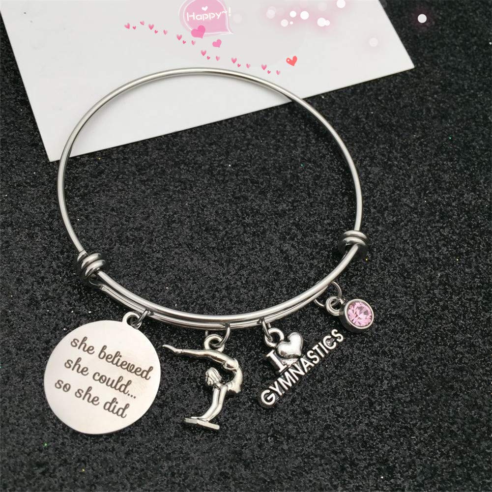 Yixinjew Gymnastics Charms Bracelets - Sports Bangle with Birthstone Birthday Gift for Gymnast