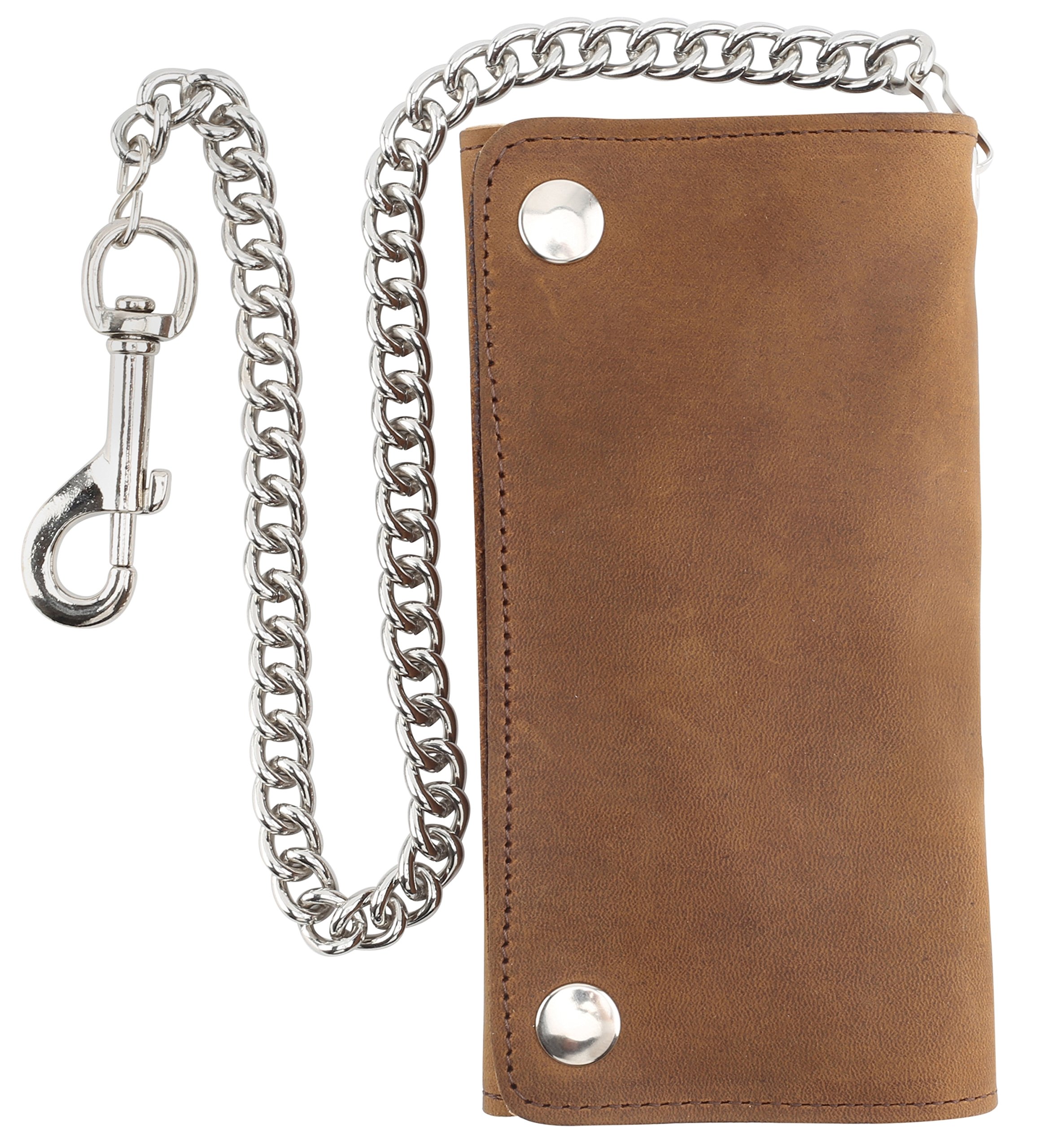 RFID Blocking Men's Tri-fold Vintage Long Style Cow Top Grain Leather with Steel Chain Wallet,Made In USA,Snap closure,G-pu339,crazy horse brown