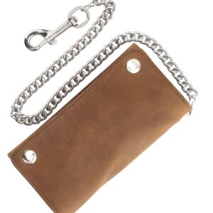 RFID Blocking Men's Tri-fold Vintage Long Style Cow Top Grain Leather with Steel Chain Wallet,Made In USA,Snap closure,G-pu339,crazy horse brown