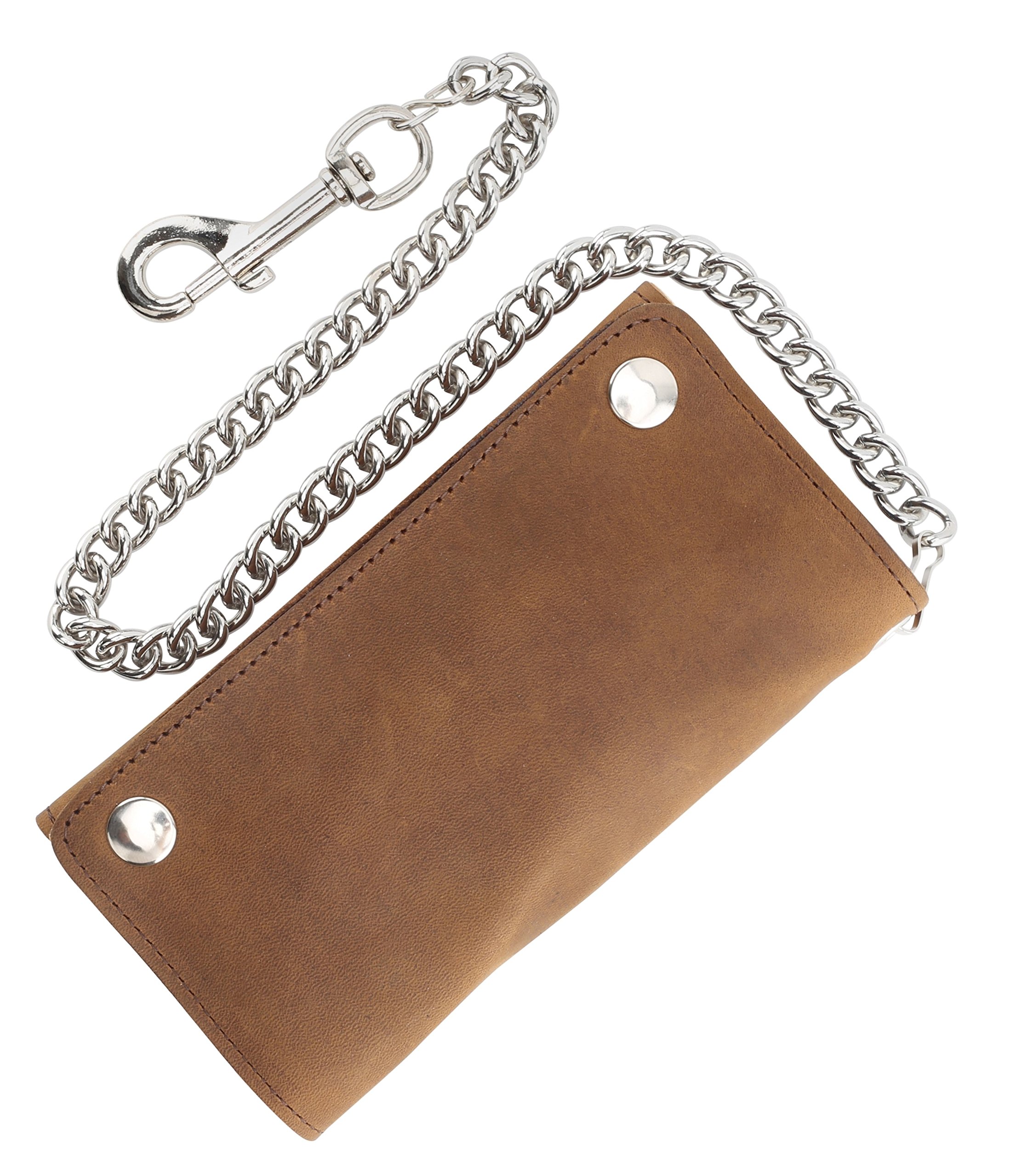 RFID Blocking Men's Tri-fold Vintage Long Style Cow Top Grain Leather with Steel Chain Wallet,Made In USA,Snap closure,G-pu339,crazy horse brown