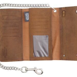 RFID Blocking Men's Tri-fold Vintage Long Style Cow Top Grain Leather with Steel Chain Wallet,Made In USA,Snap closure,G-pu339,crazy horse brown