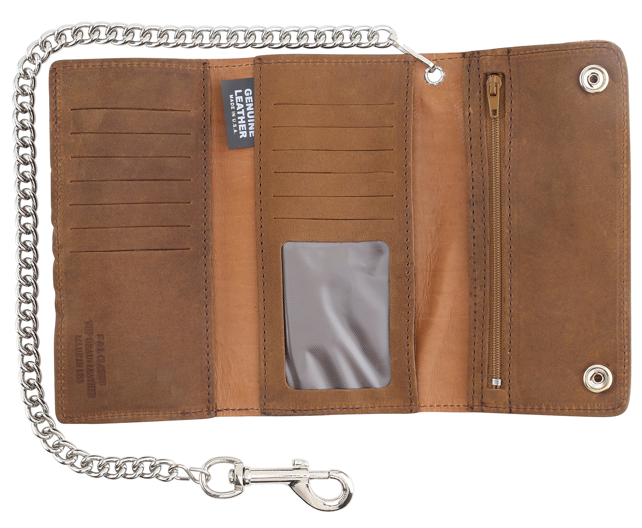 RFID Blocking Men's Tri-fold Vintage Long Style Cow Top Grain Leather with Steel Chain Wallet,Made In USA,Snap closure,G-pu339,crazy horse brown