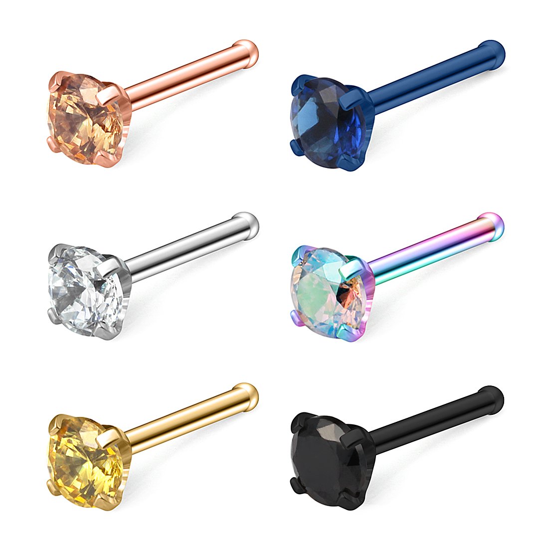 Ruifan 6PCS 18G Surgical Steel Mix Color Diamond CZ Nose Stud Rings Bone Pin Piercing Jewelry 3mm