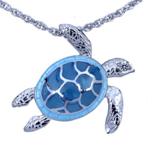 nautora blue sea turtle necklace with fine enamel and crafted in sterling silver and 18 inch double link chain