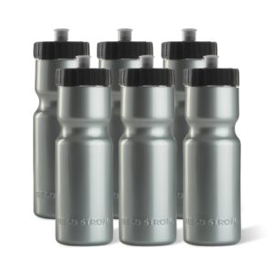 50 strong sports water bottle | reusable squeeze water bottles | 22 oz. bpa-free plastic bottles with pull top cap | made in usa | top rack dishwasher safe | fits most bike cages (6 pack, silver)