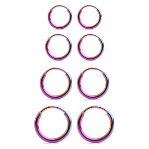 ruifan 4 pairs stainless steel mens womens earrings cartilage lip piercing nose septum hoop 18g 8mm-14mm - rainbow