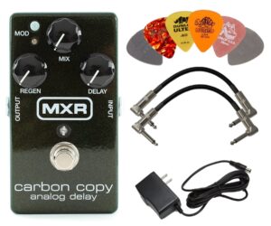 mxr m169 carbon copy analog delay pedal bundle with ac/dc adapter power supply for 9 volt dc 1000ma, 2 metal-ended guitar patch cables and 6 dunlop guitar picks