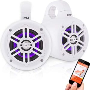 Pyle Waterproof Marine Wakeboard Tower Speakers - 4in Dual Subwoofer Speaker Set w/LED Lights & Bluetooth for Wireless Music Streaming - Boat Audio System w/Mounting Clamps PLMRLEWB47WB (White)