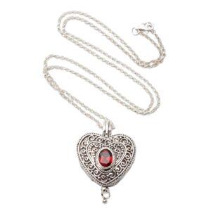 novica artisan handmade garnet locket necklace .925 sterling silver heart shaped red pendant indonesia romantic birthstone balinese 'always in my heart'