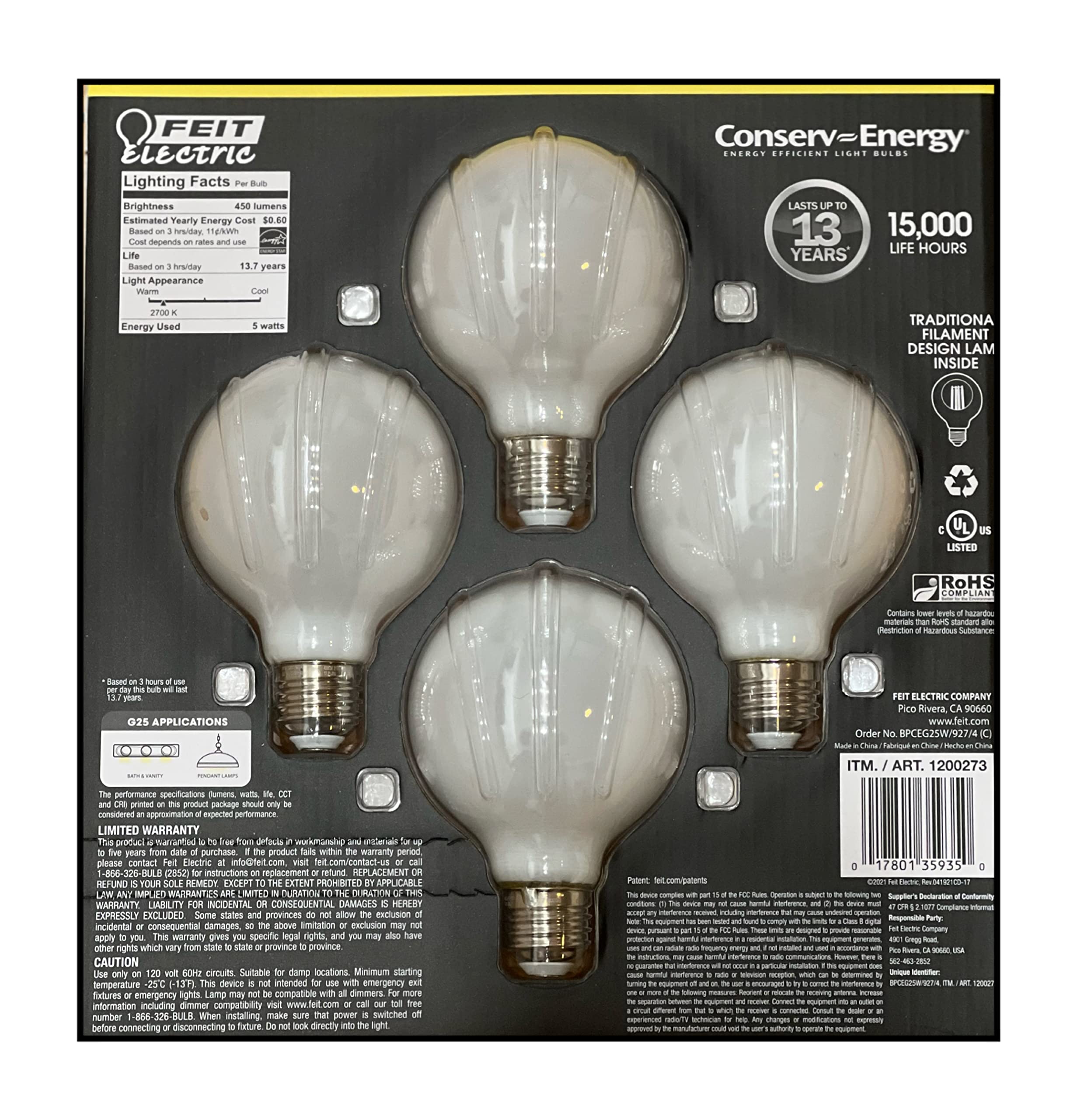 Feit Enhance 90+ CRI 40W Replacement Dimmable 2700K Soft White G25 Globe LED Light Bulbs, 4-Pack