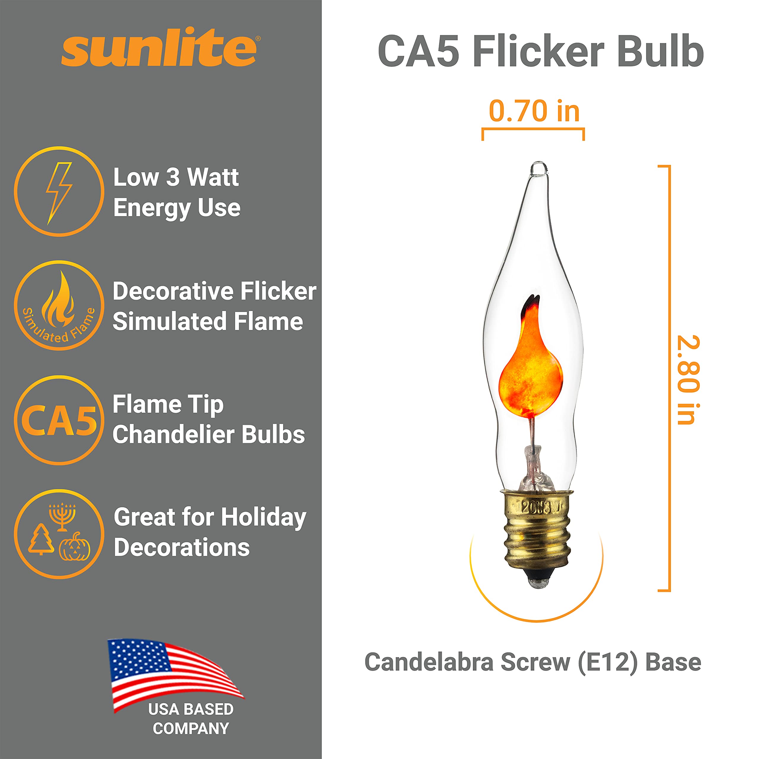 Sunlite 01506-SU Petite Chandelier Flicker Flame Light Bulb Candelabra Base, orange, E12, Clear, 12 Pack, 3 watts