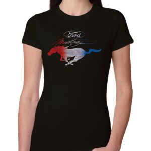 Ford Mustang Shirt USA Flag Mustang Emblem Cars and Trucks Womens Slim Fit Junior Tee, Black, Large