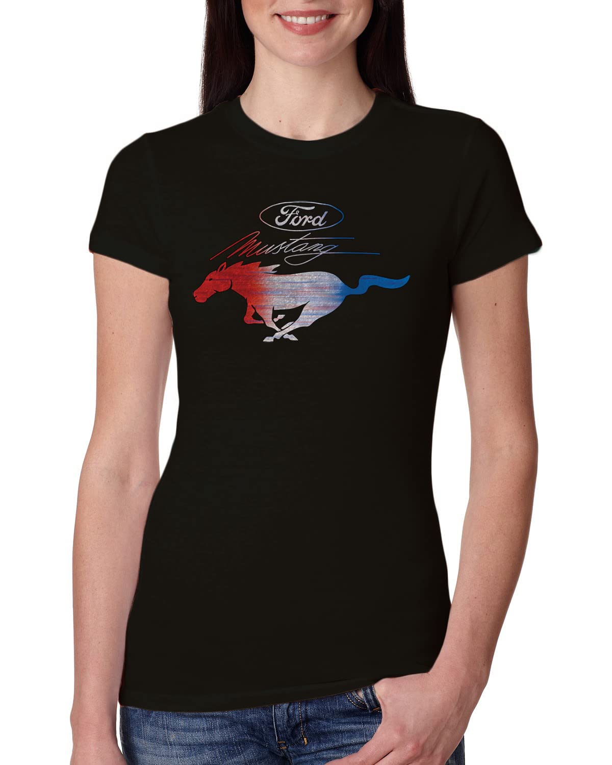 Ford Mustang Shirt USA Flag Mustang Emblem Cars and Trucks Womens Slim Fit Junior Tee, Black, Large