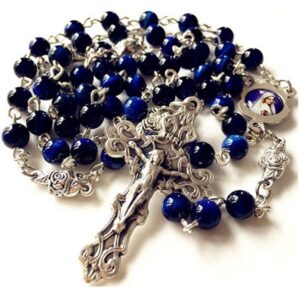 elegantmedical handmade blue tiger eye beads & silver rose beads rosary cross crucifix necklace box