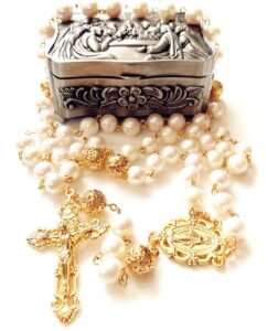 white real pearl rose gold beads catholic rosary cross necklace supper box