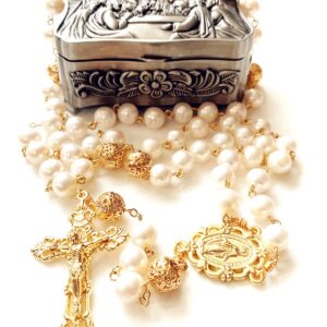 White Real Pearl Rose Gold Beads Catholic Rosary Cross Necklace Supper Box