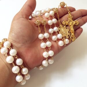 White Real Pearl Rose Gold Beads Catholic Rosary Cross Necklace Supper Box