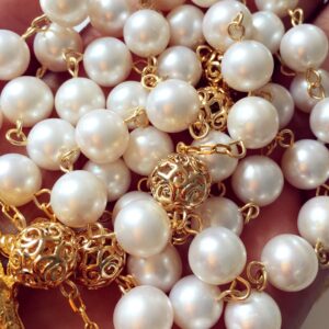 White Real Pearl Rose Gold Beads Catholic Rosary Cross Necklace Supper Box