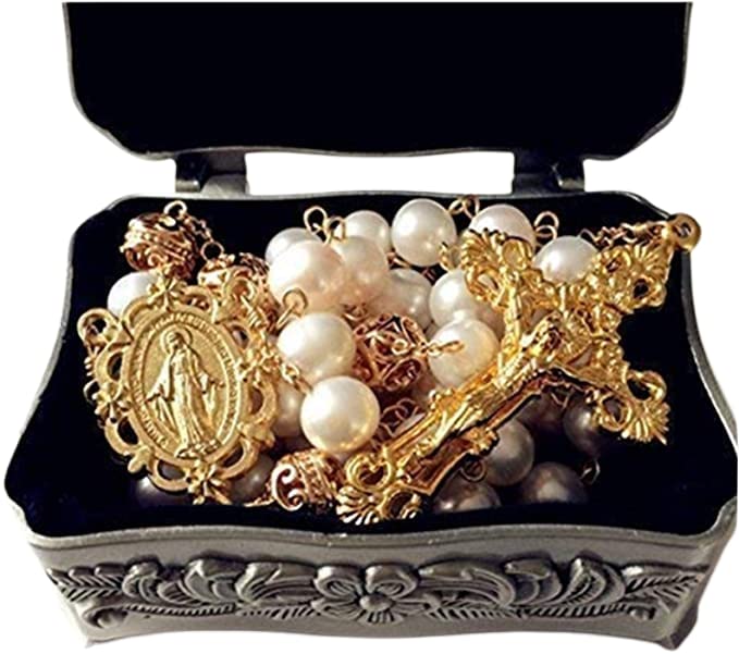 White Real Pearl Rose Gold Beads Catholic Rosary Cross Necklace Supper Box